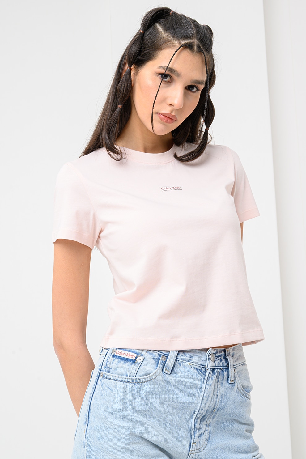 CALVIN KLEIN JEANS, Tricou crop slim fit, Roz pal, S - eMAG.ro