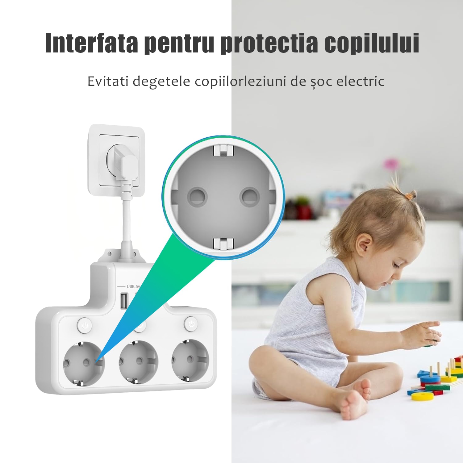Prelungitor Scurt, 4000W, 3 Prize/2 USB-A/1 USB-C, BYONDSELF®, 3 ...