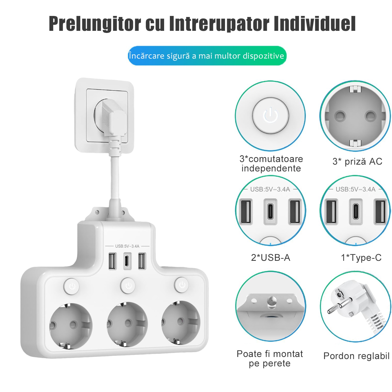 Prelungitor 4000W, 3 Prize/2 USB-A/1 USB-C, BYONDSELF®, 3 Intrerupator ...