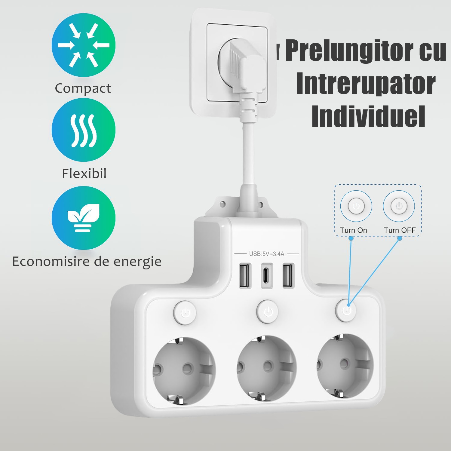 Prelungitor 4000W, 3 Prize/2 USB-A/1 USB-C, BYONDSELF®, 3 Intrerupator ...