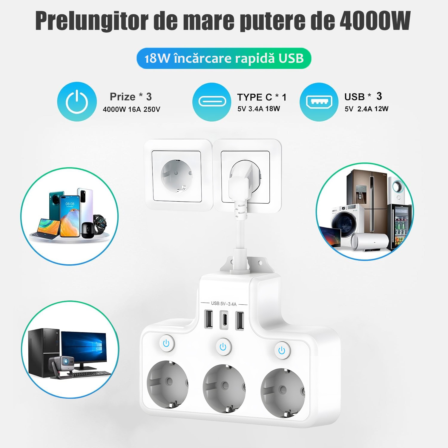 Prelungitor 4000W, 3 Prize/2 USB-A/1 USB-C, BYONDSELF®, 3 Intrerupator ...