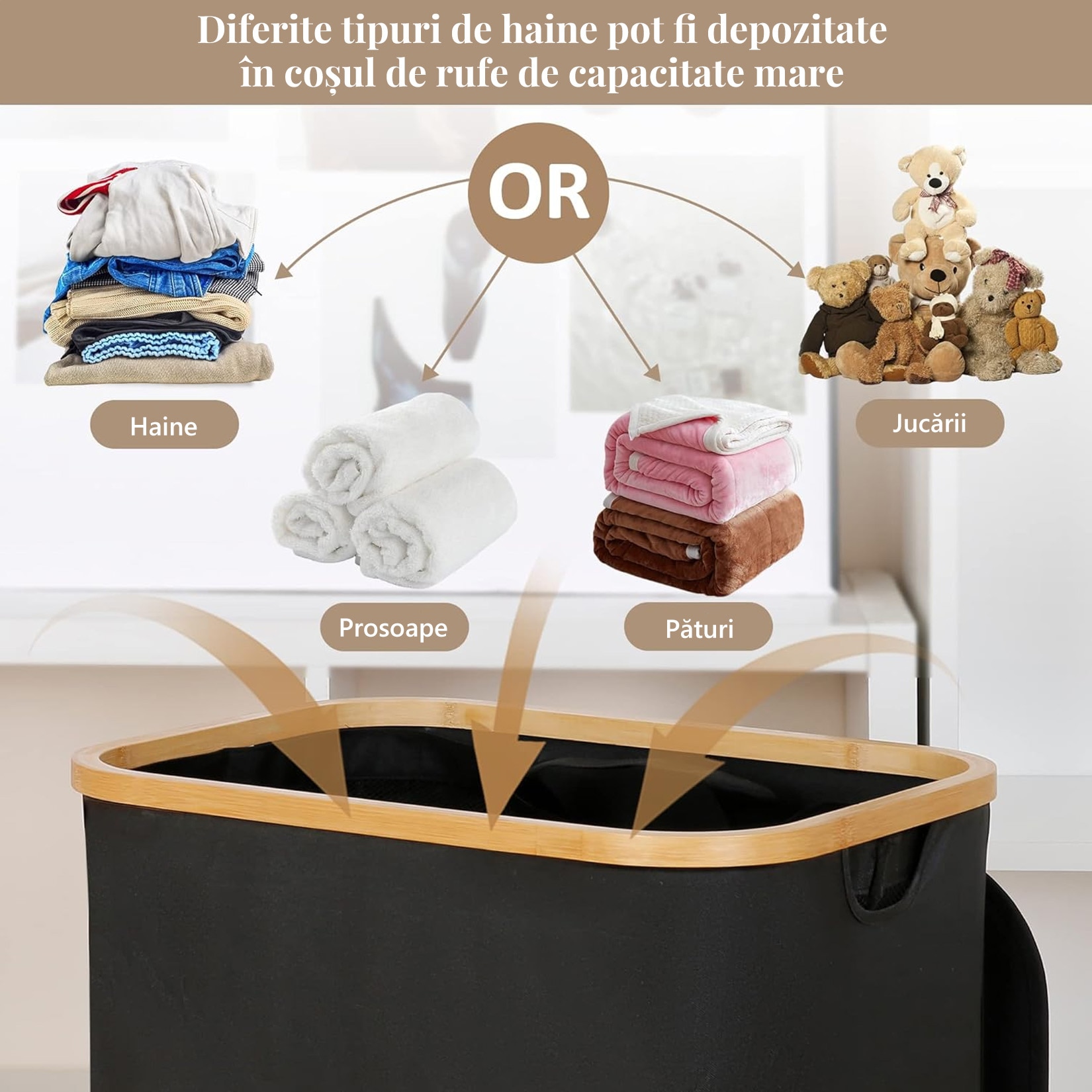 Cos de rufe bambus, cos de rufe inalt de 110 L cu manere din bambus ...