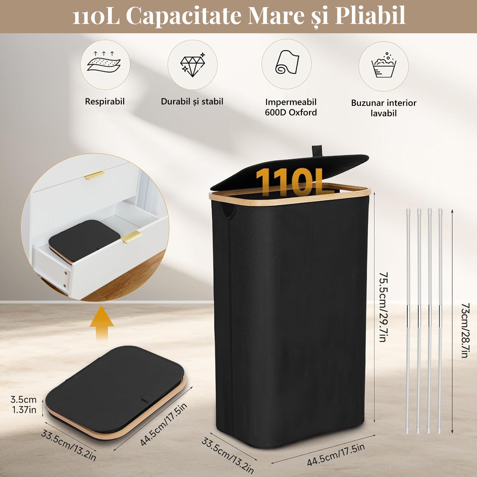 Cos de rufe bambus, cos de rufe inalt de 110 L cu manere din bambus ...