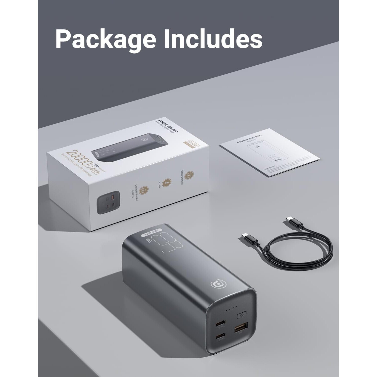 Külső akkumulátor, 20000 mAh powerbank PD 65W gyorstöltéssel, 2 USB-C ...
