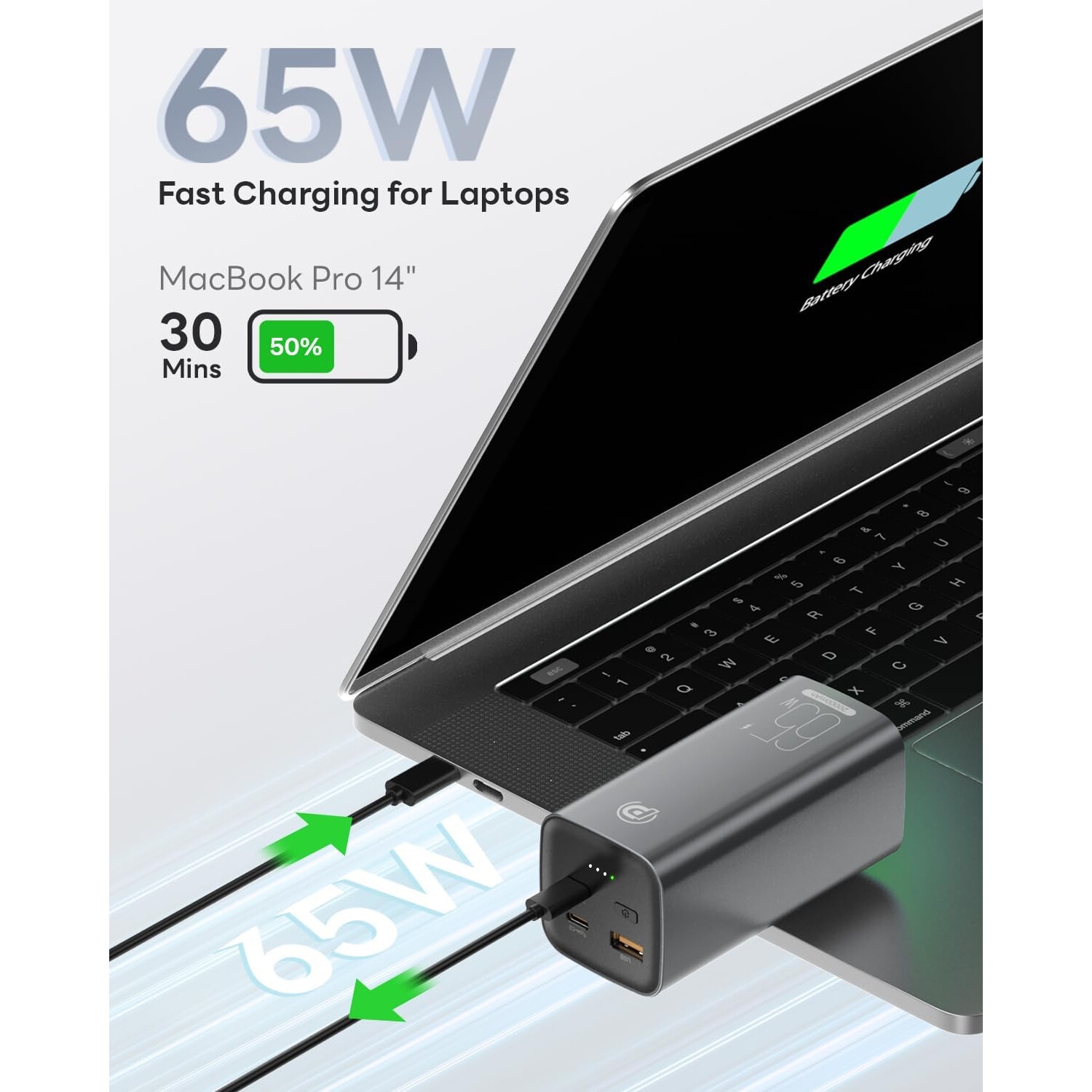 Külső akkumulátor, 20000 mAh powerbank PD 65W gyorstöltéssel, 2 USB-C ...