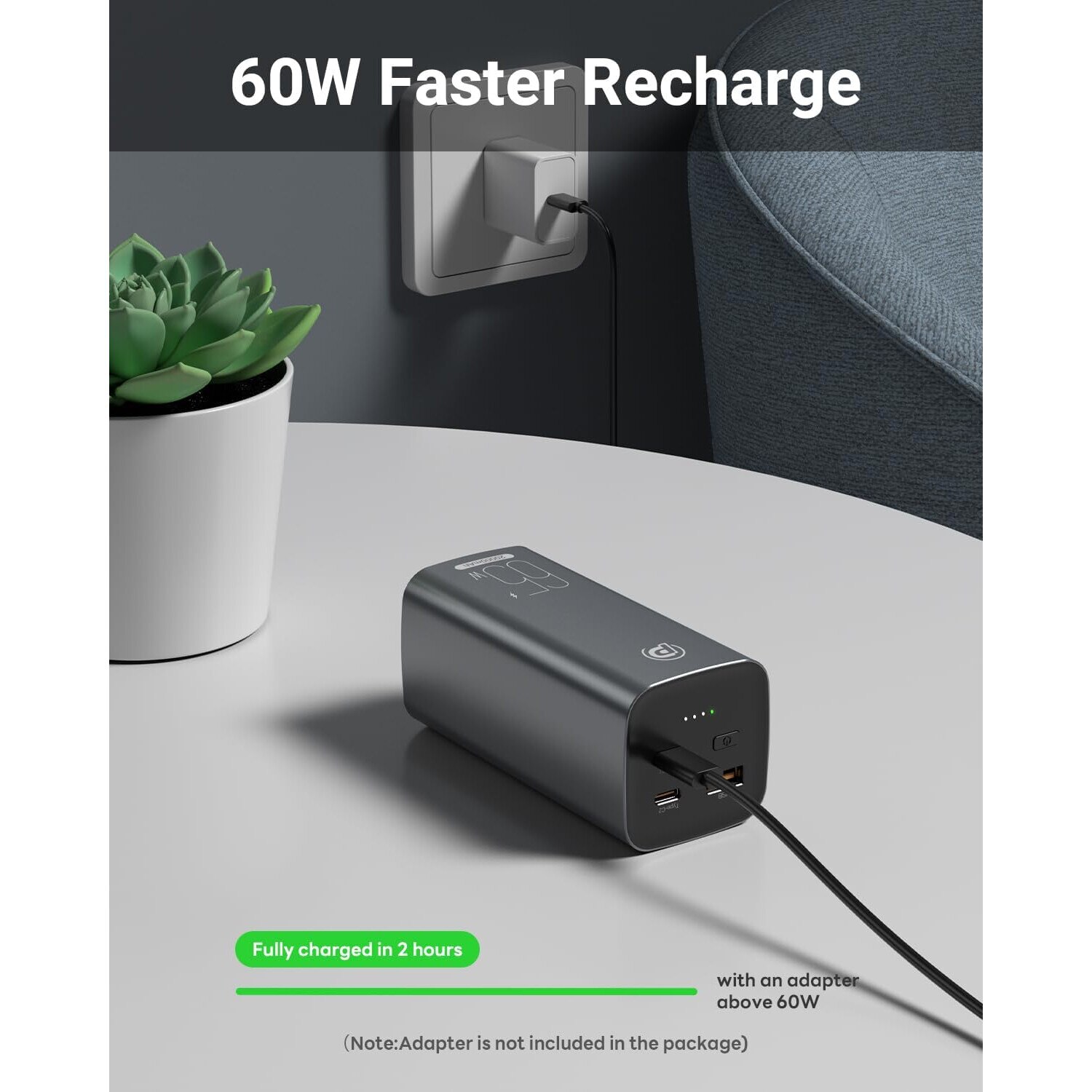Külső akkumulátor, 20000 mAh powerbank PD 65W gyorstöltéssel, 2 USB-C ...