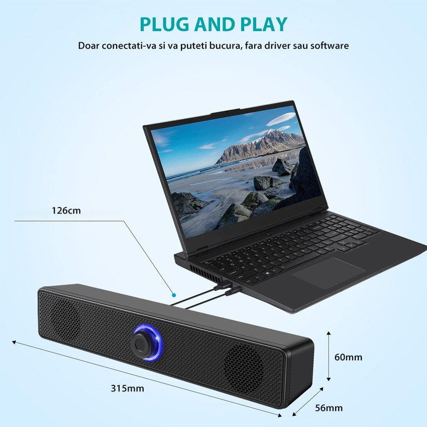 Difuzor PC cu alimentare USB, Chucai, sunet stereo, design slim, negru ...