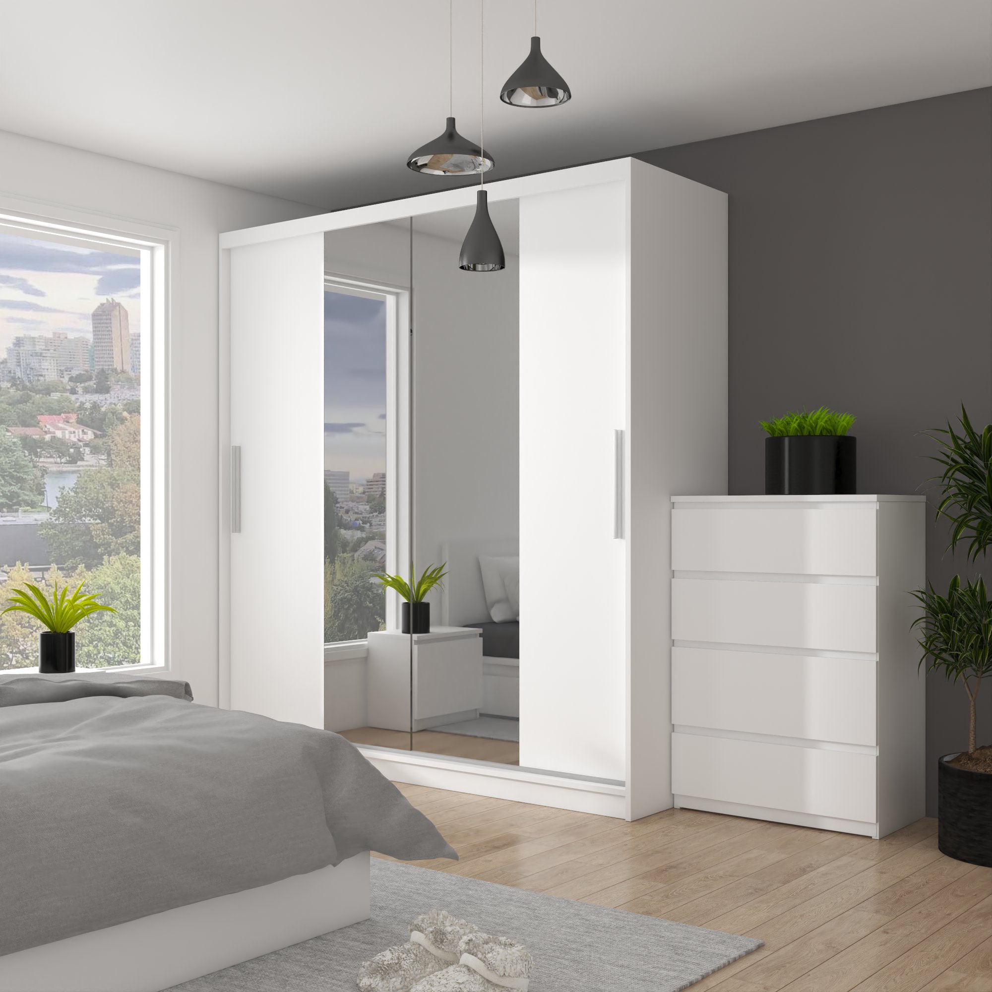 Sifonier Verona glisant, Bellini, 2 usi, alb, 200x60x216cm, 2 bare ...