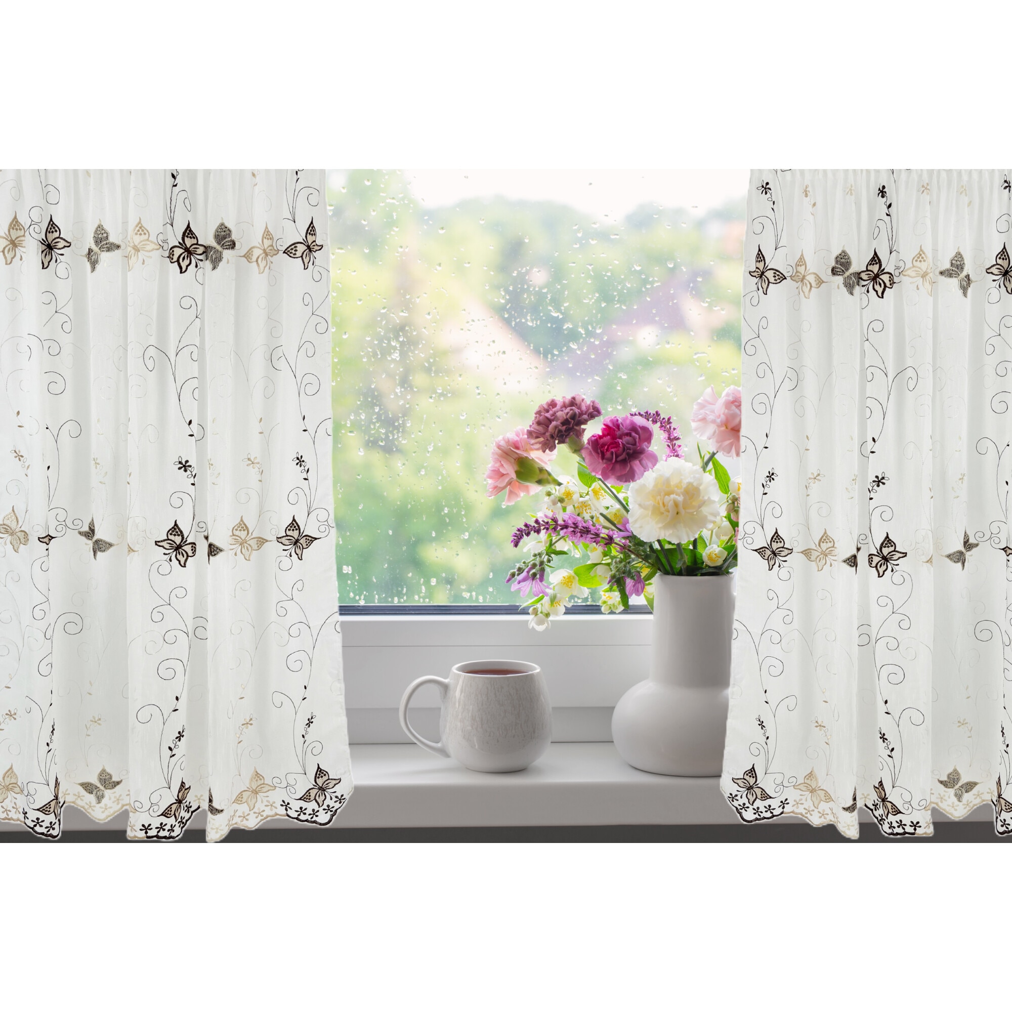 Set 2 perdele bucatarie, 2x140x165 cm, fluturi, alb/maro - eMAG.ro