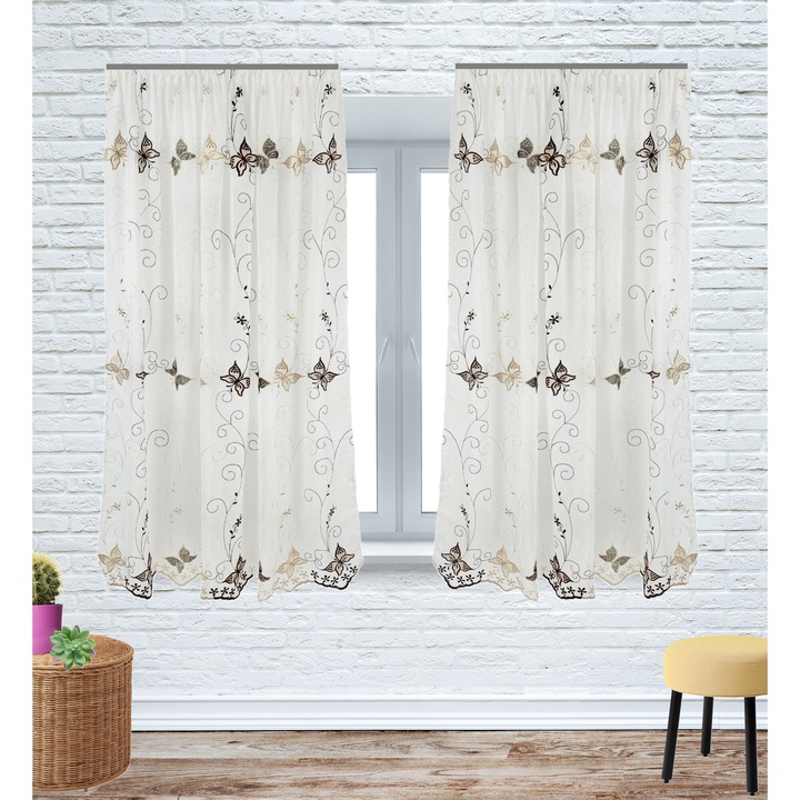 Set 2 perdele bucatarie, 2x140x165 cm, fluturi, alb/maro - eMAG.ro