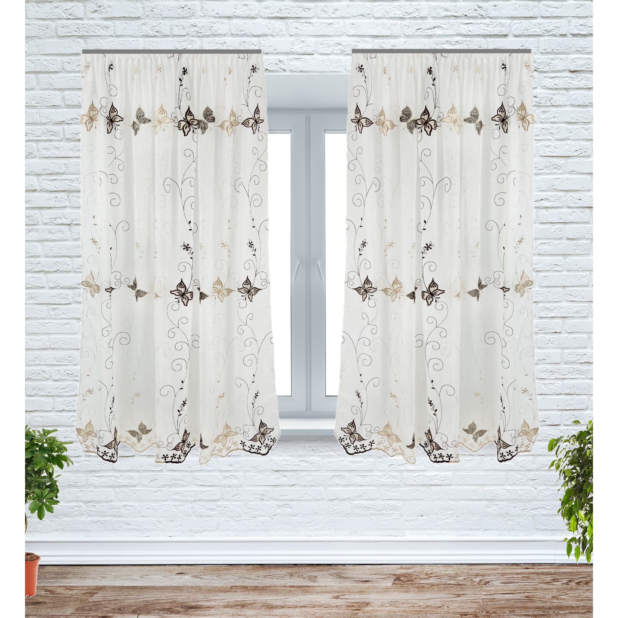 Set 2 perdele bucatarie, 2x140x165 cm, fluturi, alb/maro - eMAG.ro