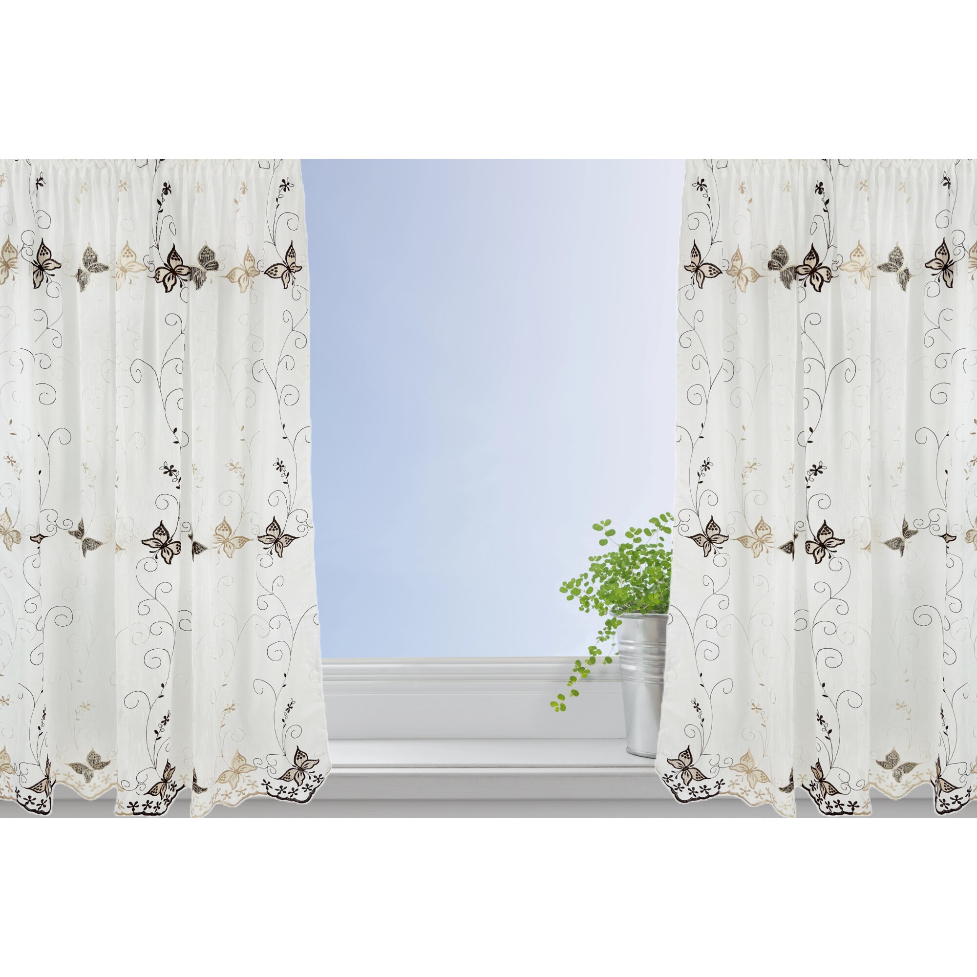 Set 2 perdele bucatarie, 2x140x165 cm, fluturi, alb/maro - eMAG.ro