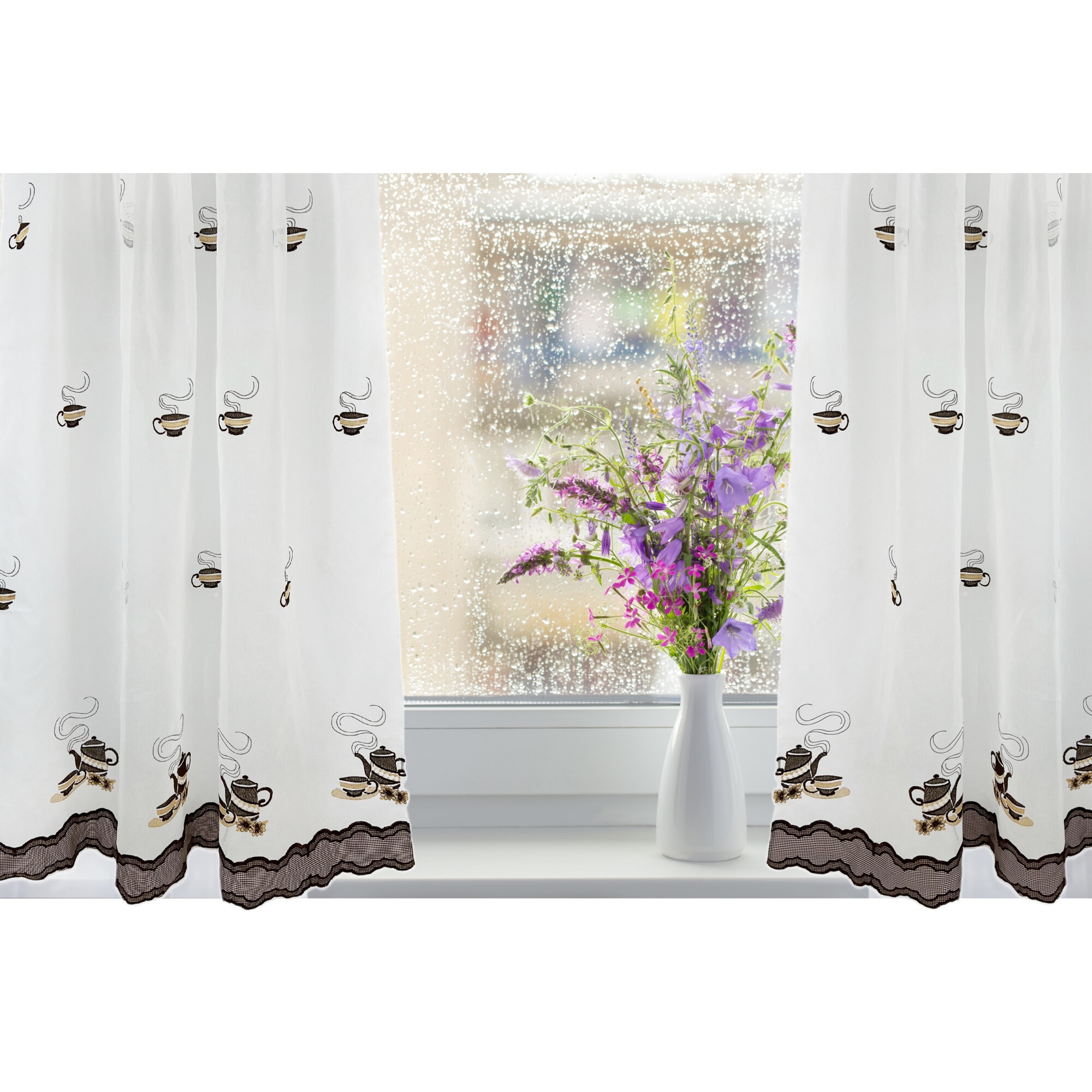 Set 2 perdele bucatarie, 140x165 cm, cescute cafea, cu bordura, alb ...