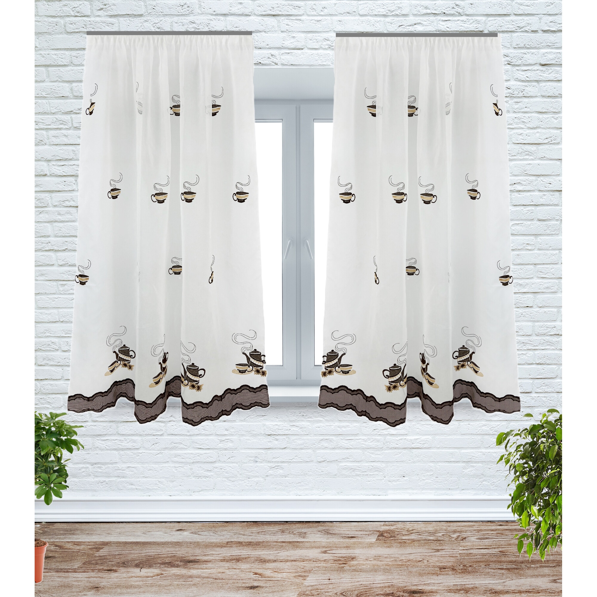 Set 2 perdele bucatarie, 140x165 cm, cescute cafea, cu bordura, alb ...