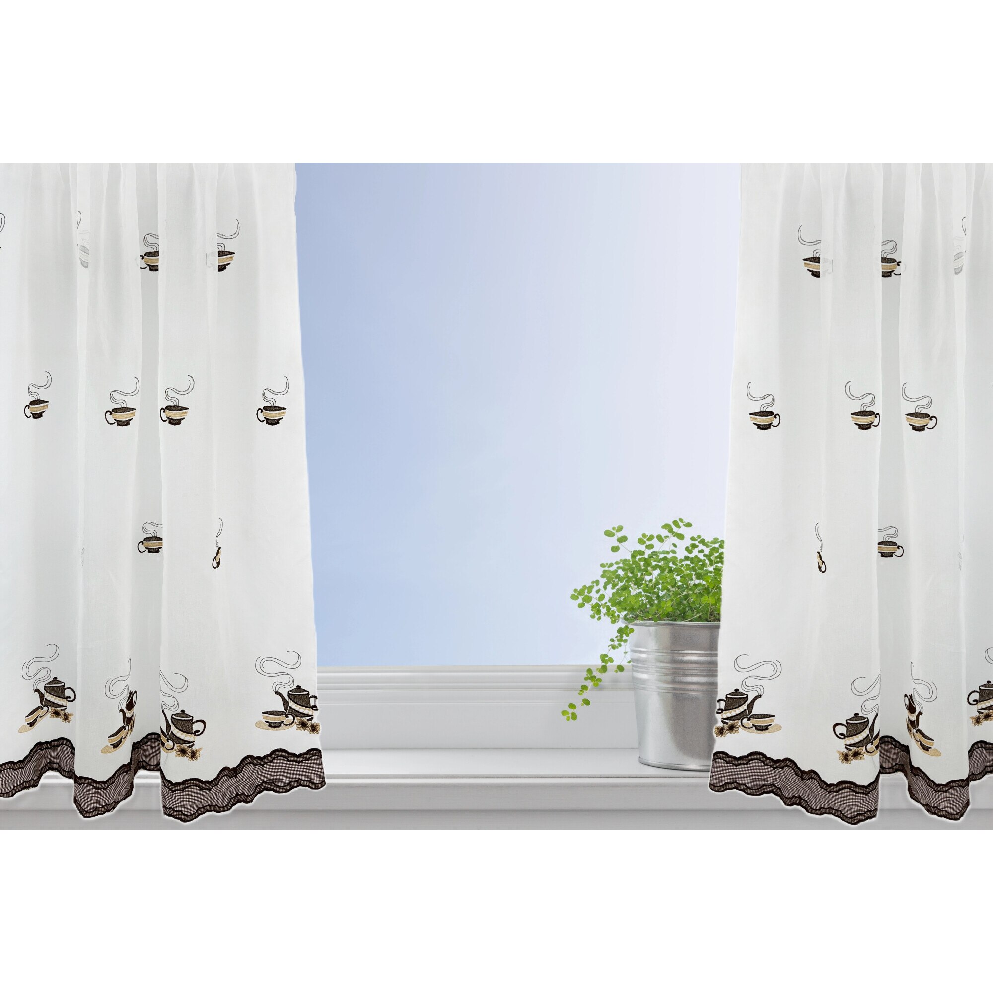 Set 2 perdele bucatarie, 140x165 cm, cescute cafea, cu bordura, alb ...