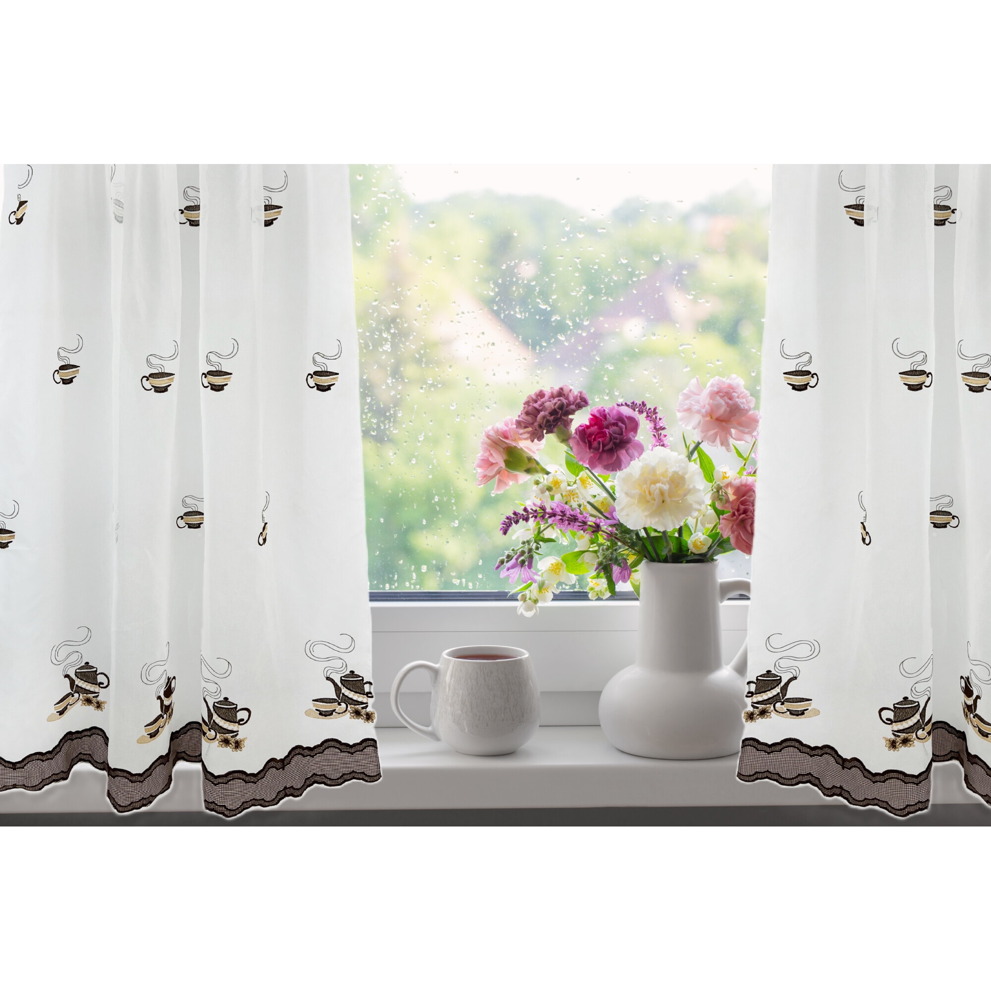 Set 2 perdele bucatarie, 140x165 cm, cescute cafea, cu bordura, alb ...
