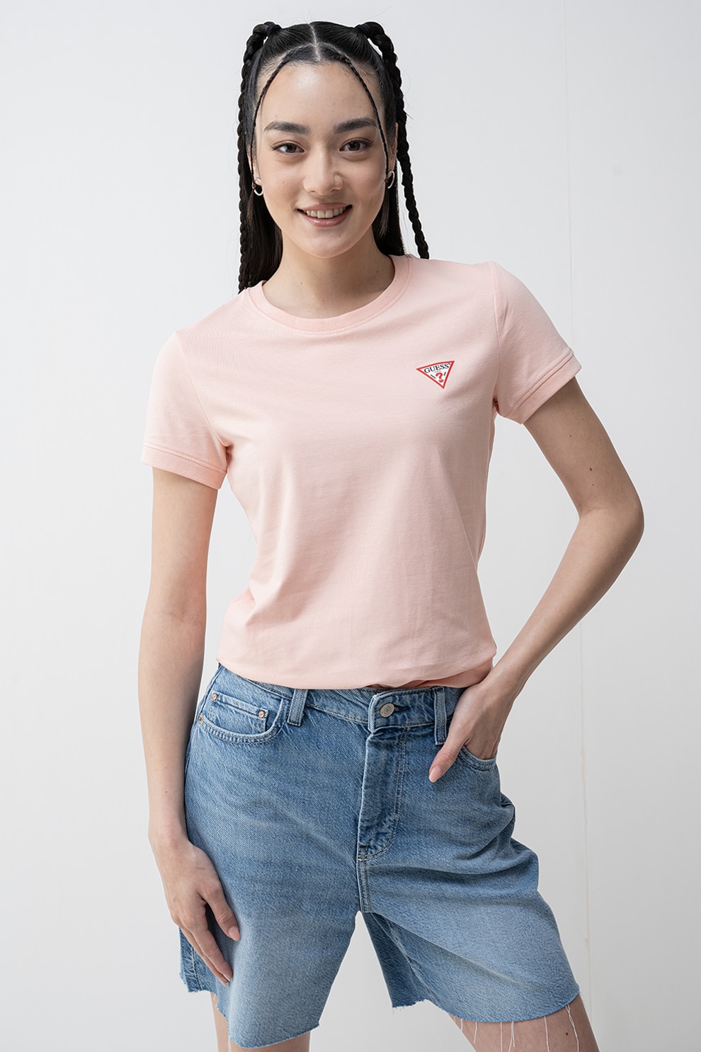 GUESS, Tricou slim fit cu logo, Roz deschis, S - eMAG.ro