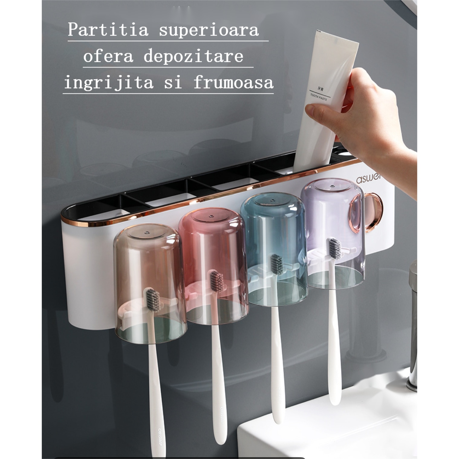 Suport pentru periuta de dinti, pentru 4 persoane, 400x66x112mm, alb ...
