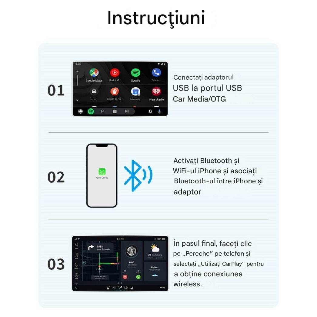 Adaptor Wireless CarPlay idealSTORE, compatibil Android & IOS Auto, USB ...