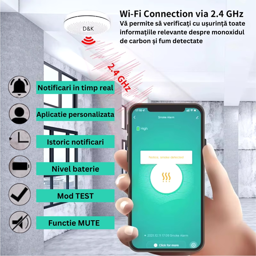Detector Smart 2 in 1 Fum si Monoxid de Carbon, WiFi, Smart Life / Tuya ...