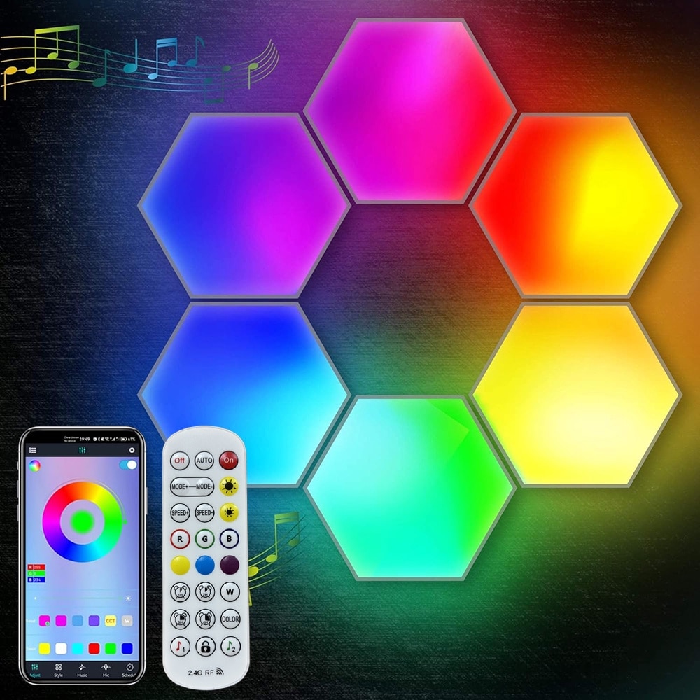 Lumini LED hexagonale de perete, pachet de 6, sincronizare muzicala ...