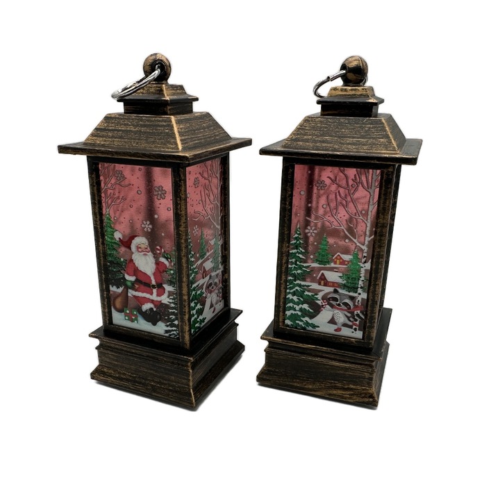 Set 2 Felinare de Craciun 13 cm cu lumina LED calda sclipitoare, maro ...