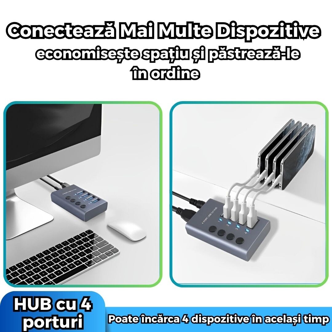 Hub USB 4 in 1AHA PRINT® cu Buton ON/OFF, Carcasa Aluminiu, 4 x USB 3.0 ...