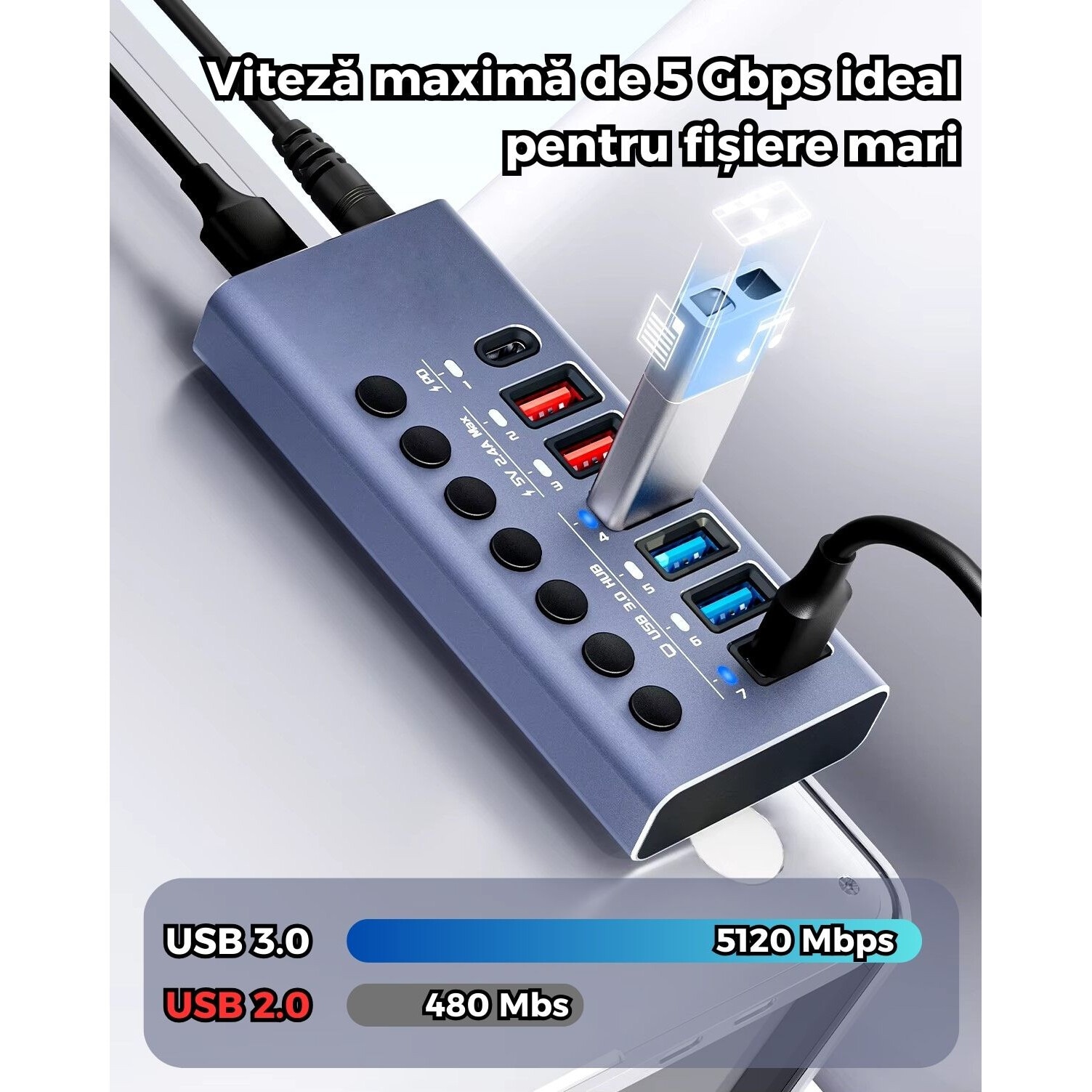 Hub USB 7 in 1 cu buton ON/OFF, PRESTIGE CHARGE®, din aluminiu, 4 ...