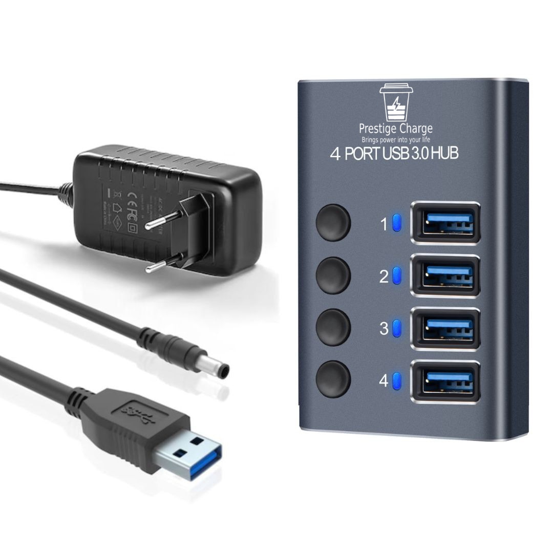Hub USB 4 in 1 cu Buton ON/OFF, PRESTIGE CHARGE®, din Aluminiu, 4 ...