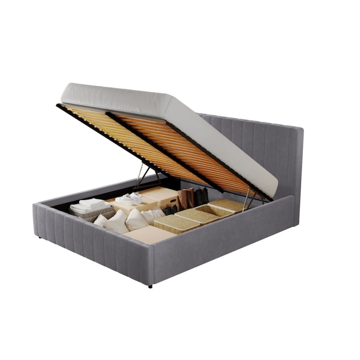 Pat dublu tapitat Maldive, cadru lemn si pal, 160x200 cm, gri, cu ...