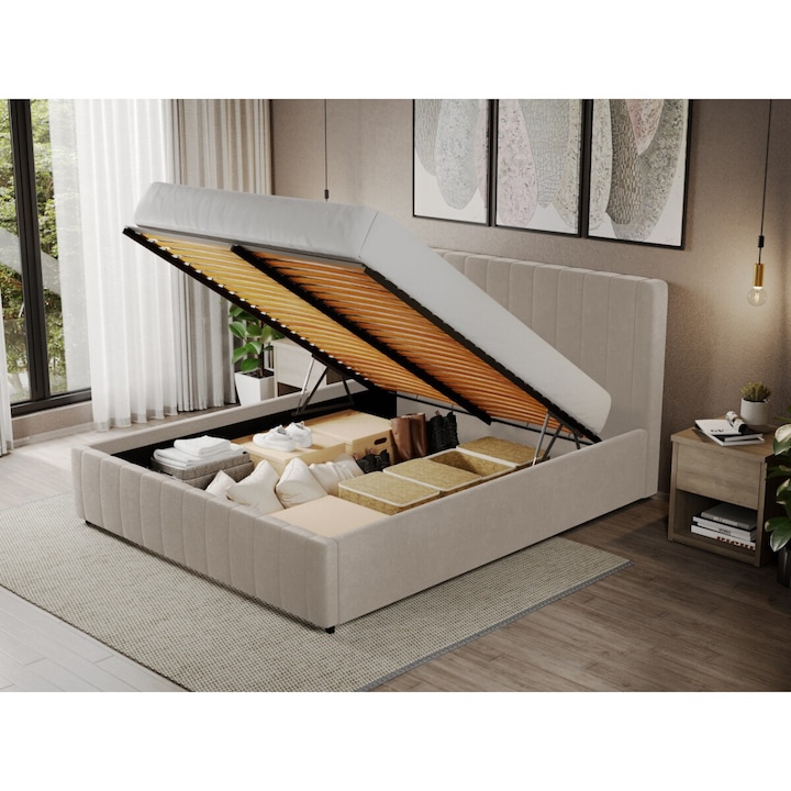 Pat dublu tapitat Maldive, cadru lemn si pal, 160x200 cm, crem, cu ...