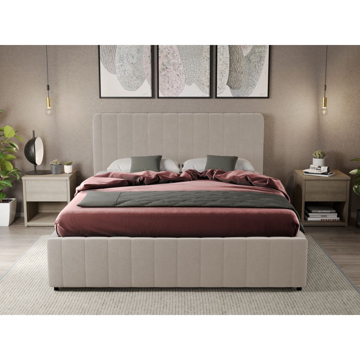 Pat dublu tapitat Maldive, cadru lemn si pal, 160x200 cm, crem, cu ...