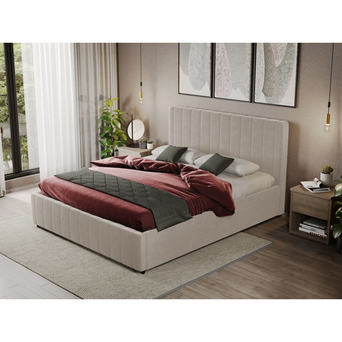 Pat dublu tapitat Maldive, cadru lemn si pal, 90x200 cm, crem, cu ...