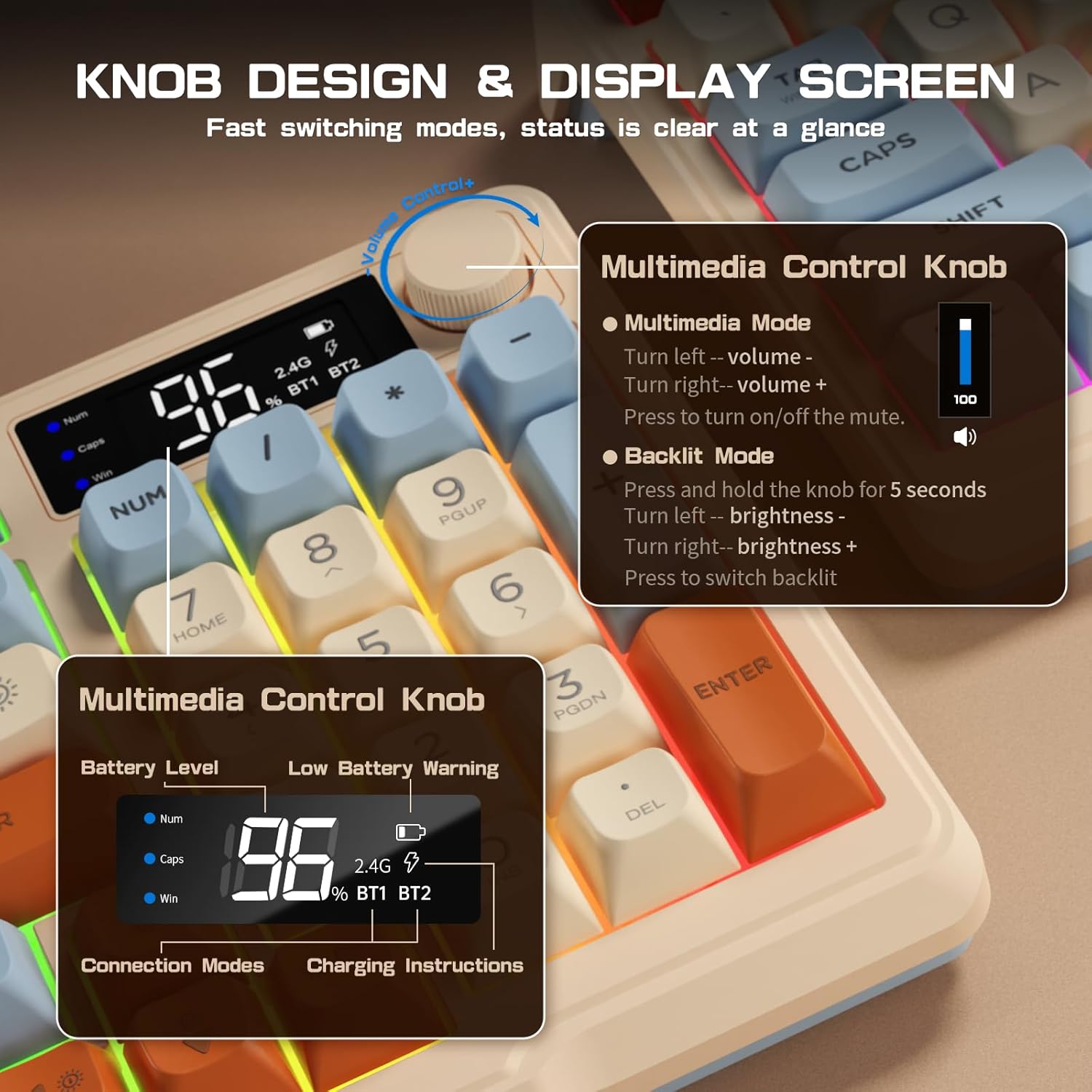 Tastatura wireless, MOSMAOO®, Bluetooth, Lumina colorata orbitoare, 96 ...