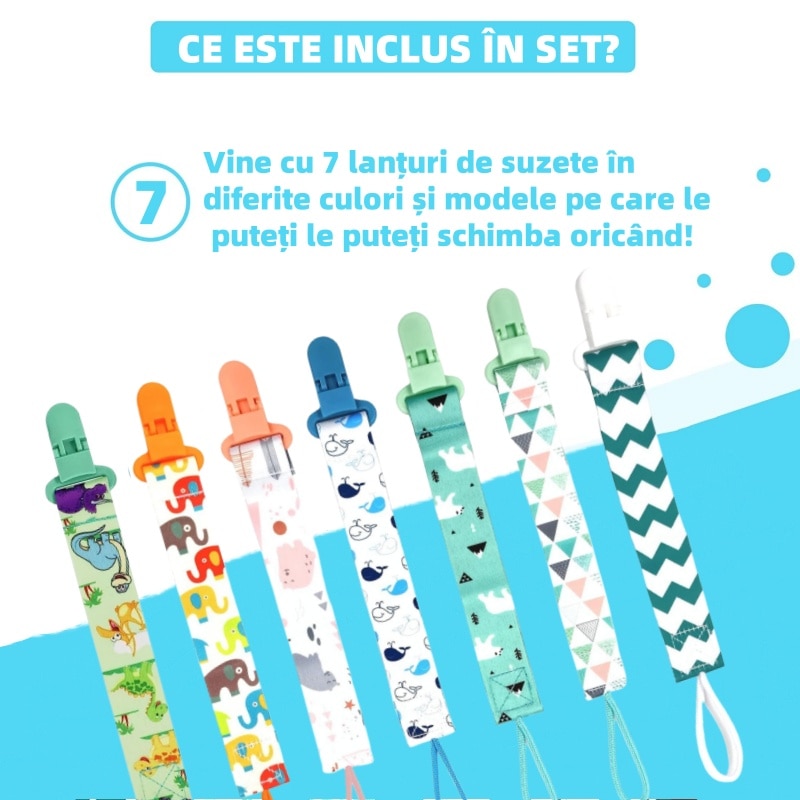 Set de 7 Lanturi pentru Suzete, AjieQaQ, Textil, Multicolor, 0-4 ani ...