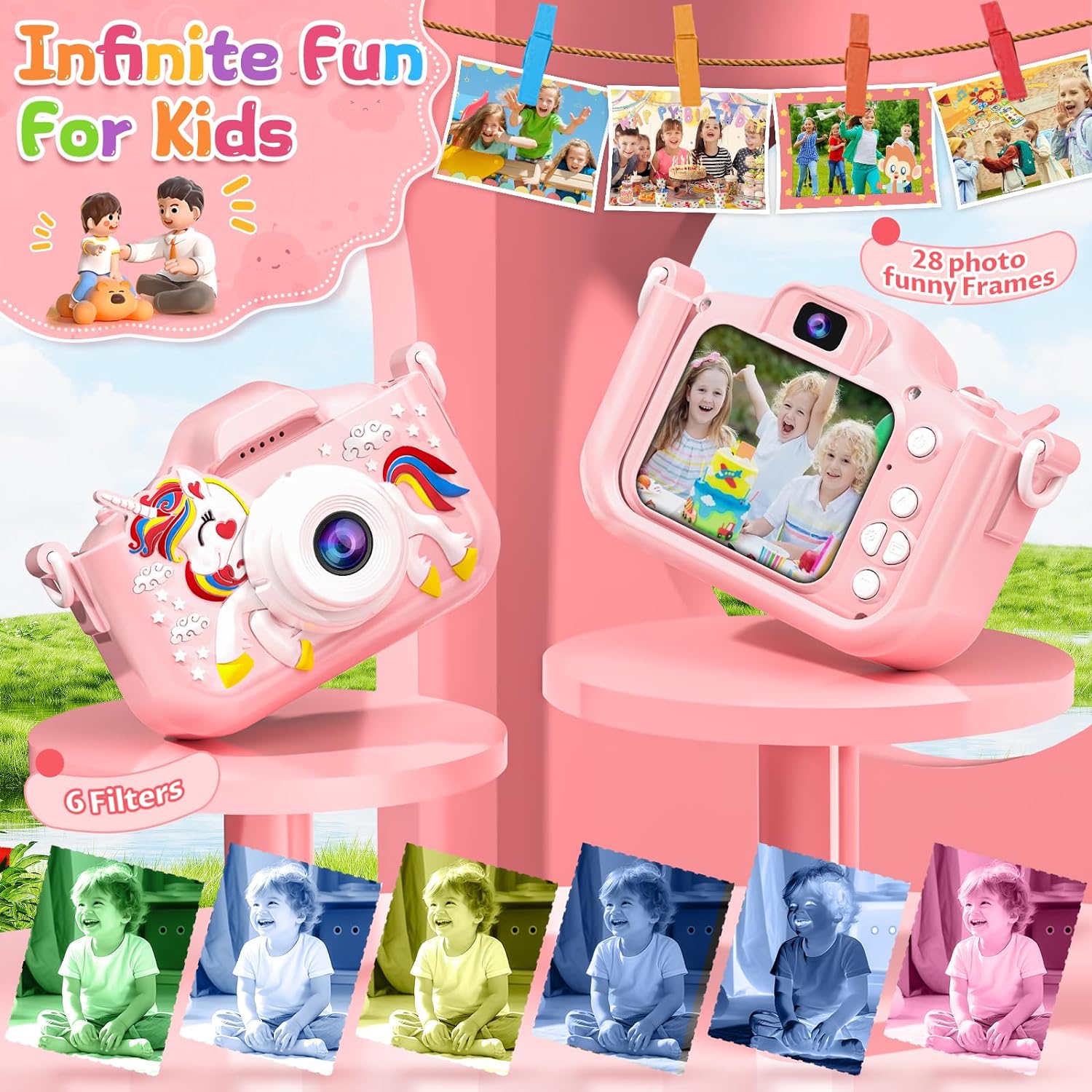 Camera foto copii, 32GB SD card 1080P HD, 48 milioane pixeli, Ecran IPS ...