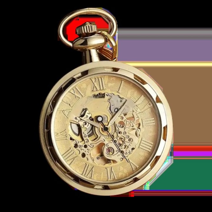 Ceas de buzunar, Gorben, Clasic, Vintage, Skeleton, Mecanic, Lant, Cifre romane, Auriu - eMAG.ro