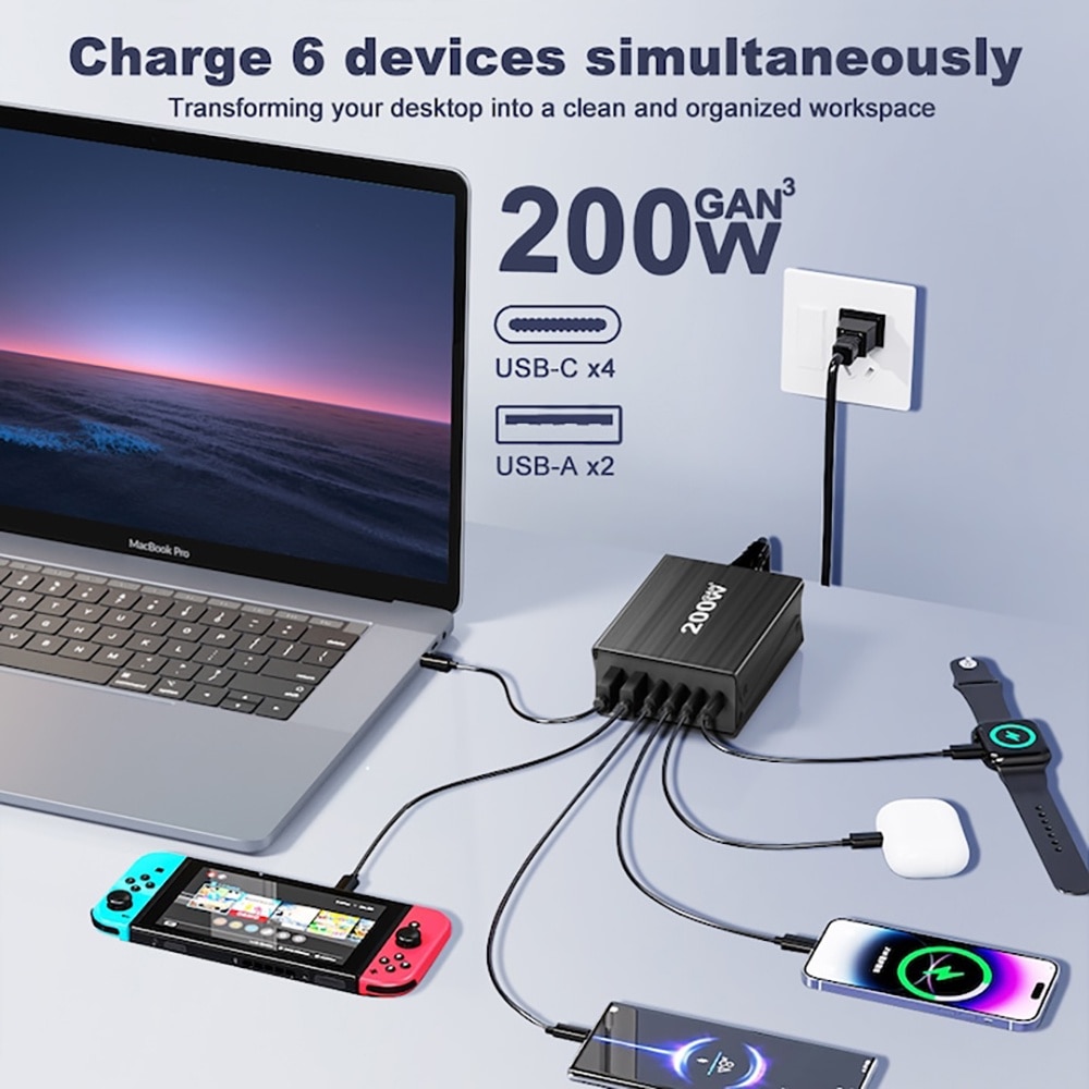 Statie de incarcare 200W JESWO, 6 in 1, 4 porturi USB-C, 2 porturi USB ...