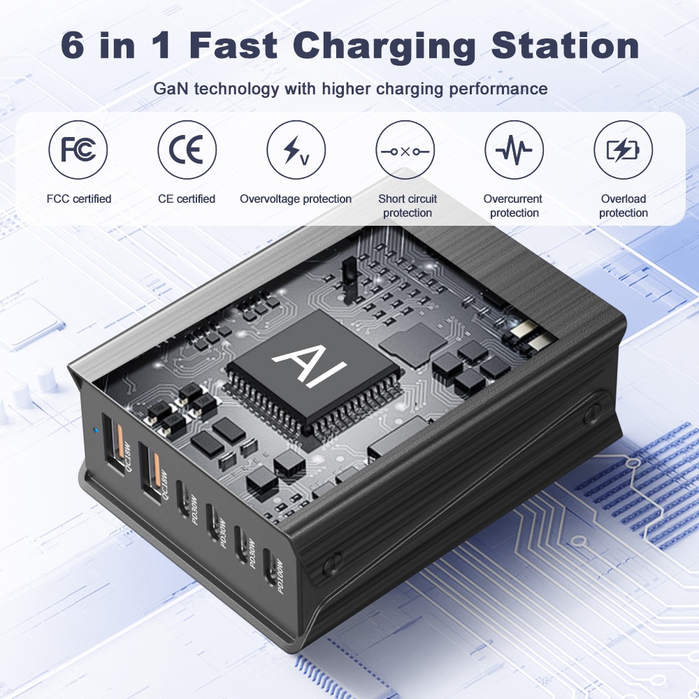 Statie de incarcare 200W JESWO, 6 in 1, 4 porturi USB-C, 2 porturi USB ...