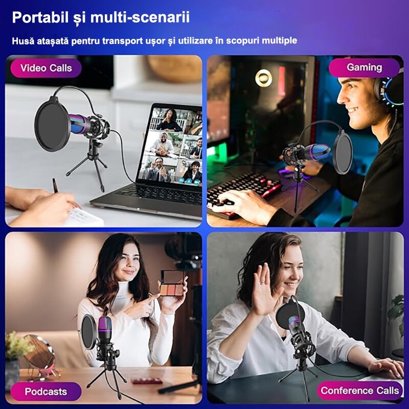 Microfon USB pentru PC Rqiurpn, cu iluminare RGB, suport tripied ...