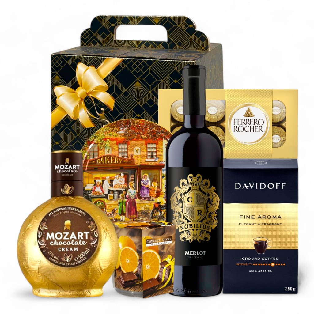 Pachet cadou elegant Premium Gift - Vin Nobilius, Lichior Mozart, Cafea ...