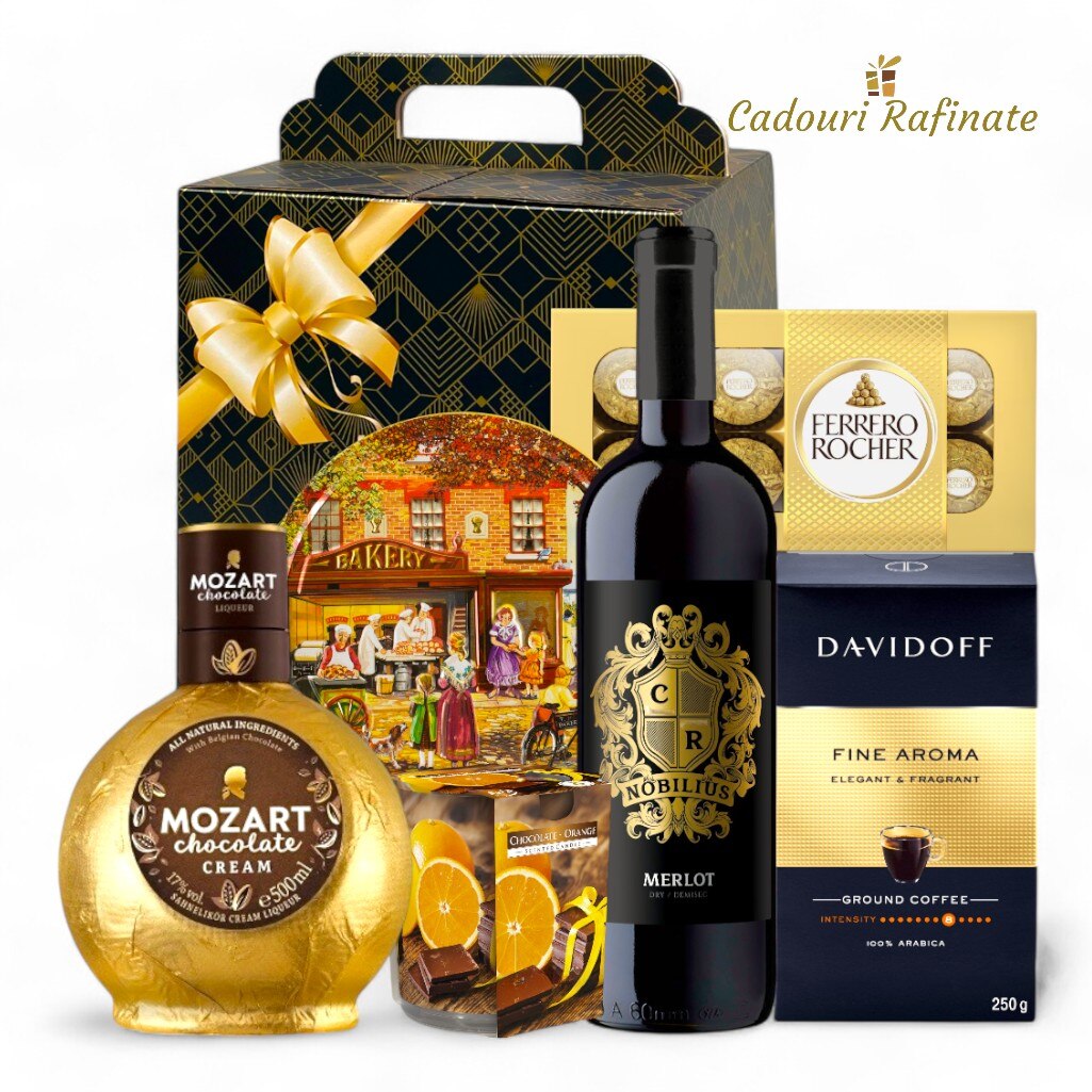 Pachet cadou elegant Premium Gift - Vin Nobilius, Lichior Mozart, Cafea ...