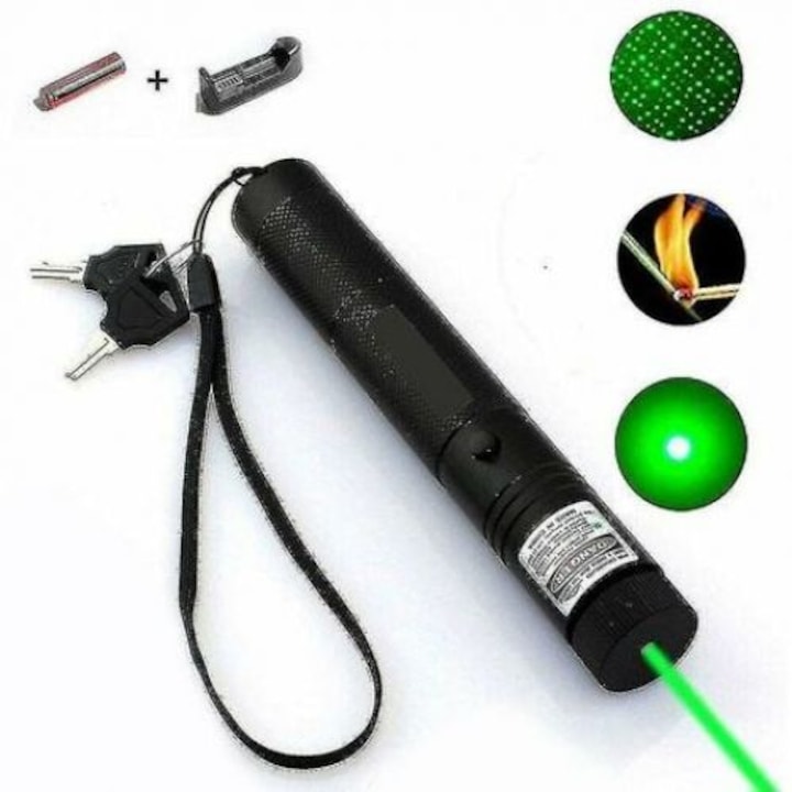 Laser Pointer Macvi® 405nm, 200mW, aluminiu, negru, cu blocare pentru copii, 100-500m - eMAG.ro