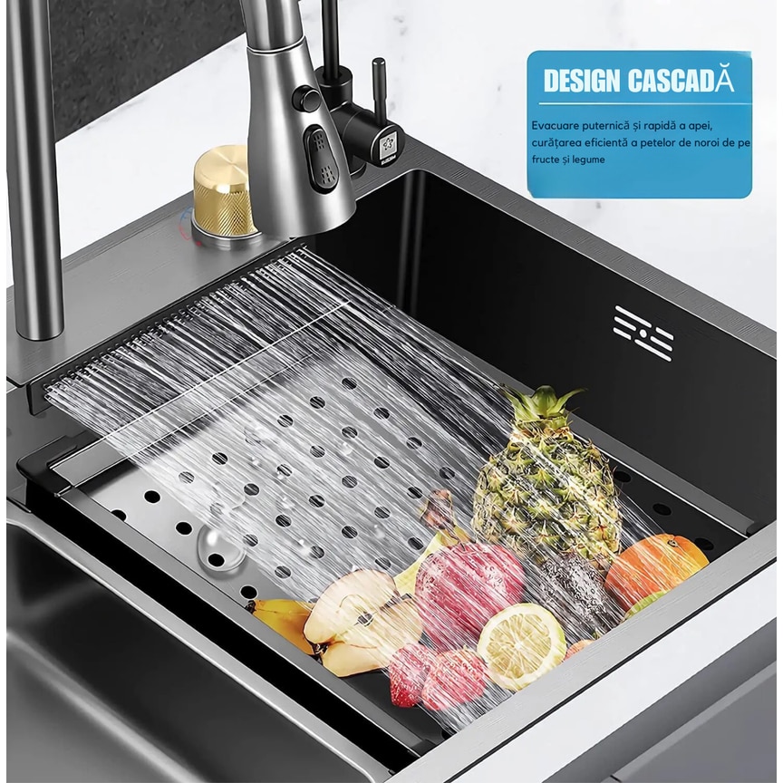 Set chiuveta bucatarie, multifunctionala, finisaj fagure, baterie cu ...