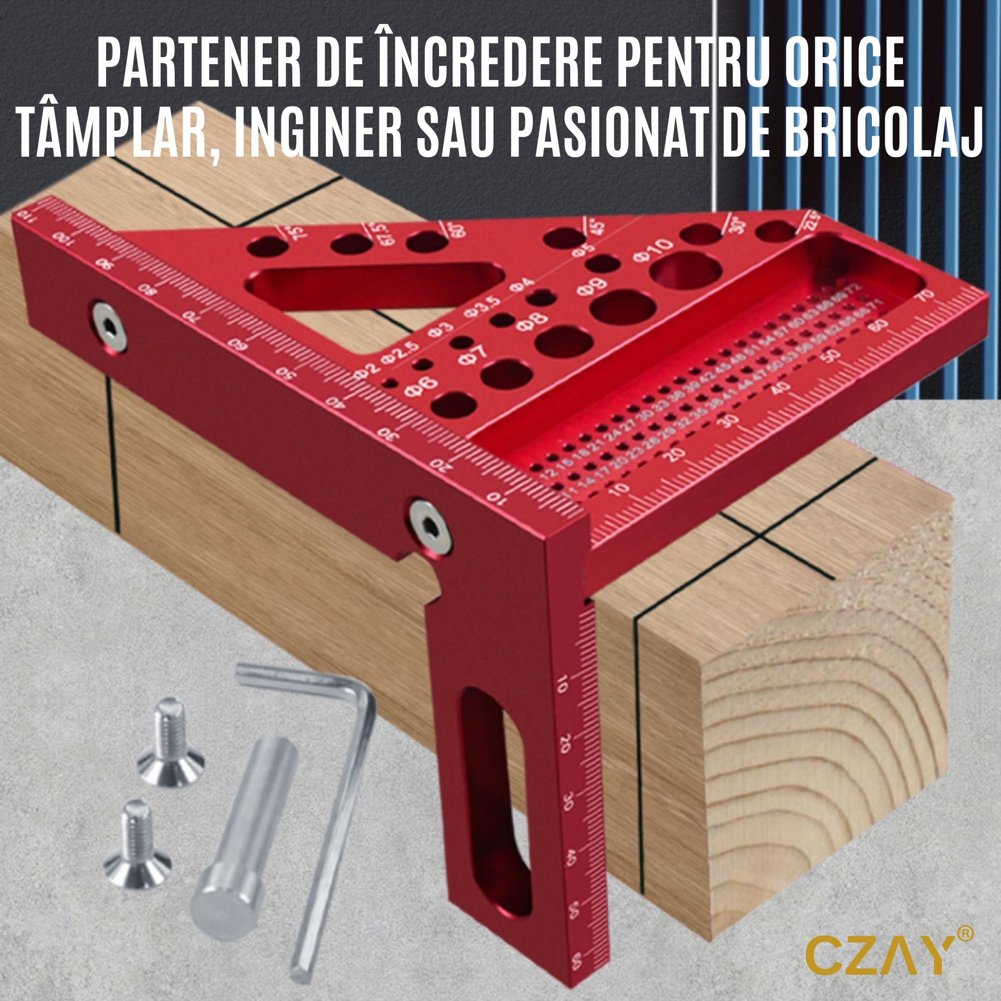 Vinclu 45º/90º CZAY®, Echer 3D, Unghiuri intre 22,5º si 90º, Rigla ...