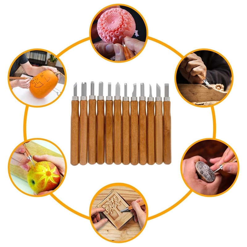 Set 12 unelte de sculptura din lemn, ciocane si dalti, manere ...