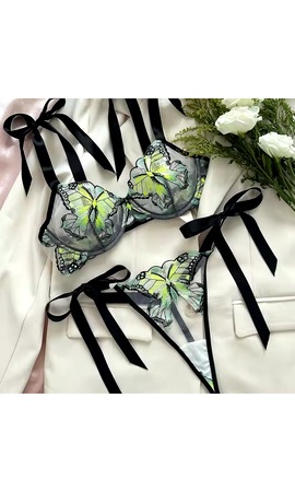 Set de Lenjerie Intima cu Broderie Delicata si Motive Fluture, Sexy, 2 ...
