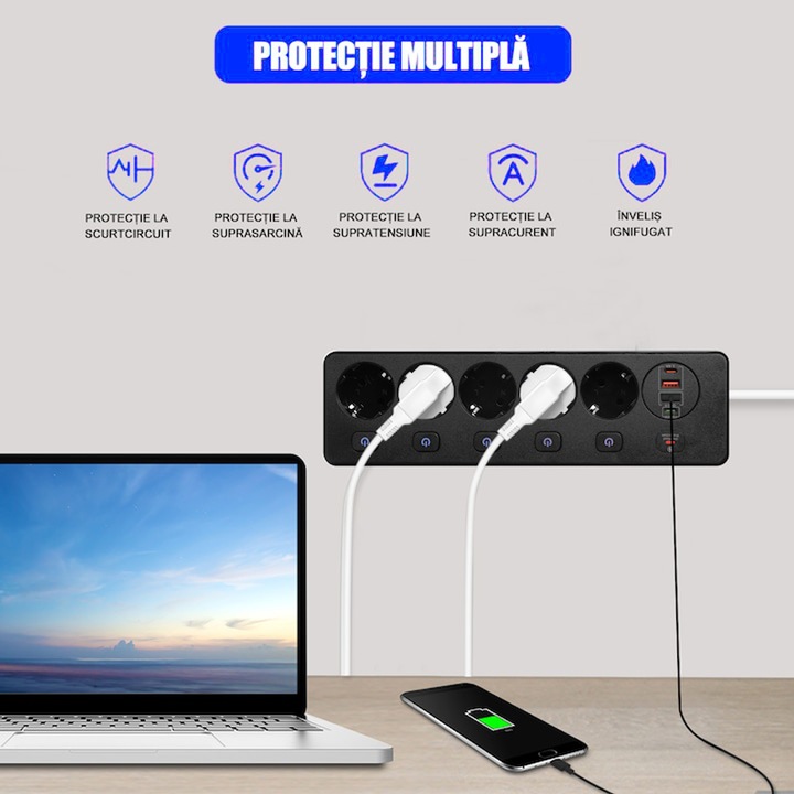 Priza multiplu cu 5 iesiri, 4 porturi USB, protectie la suprasarcina ...