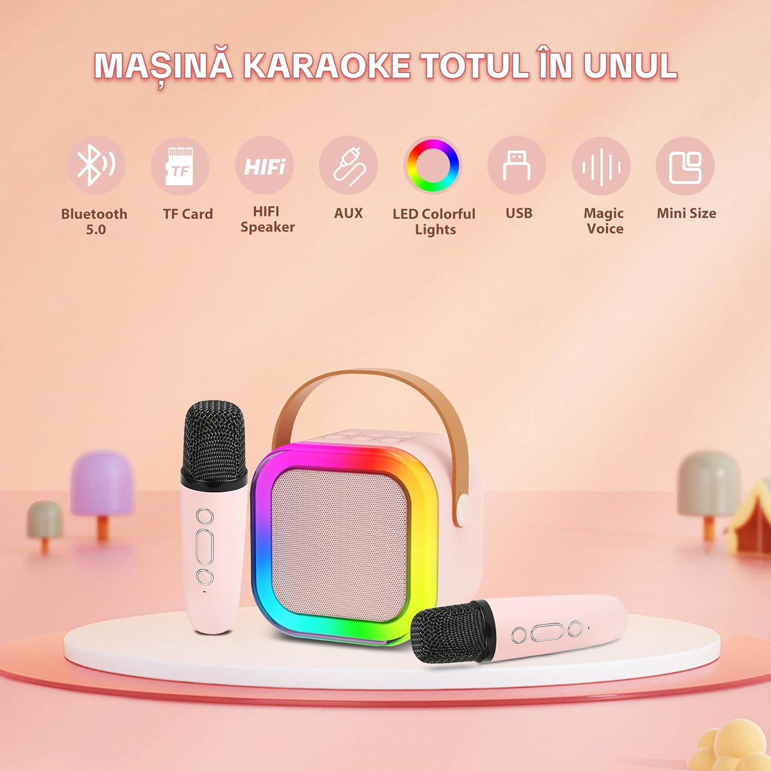 Set Karaoke pentru copii, 2 microfoane wireless, LED color, efect de ...