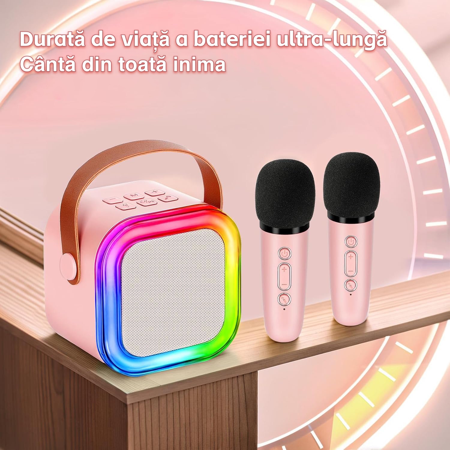 Set Karaoke pentru copii, 2 microfoane wireless, LED color, efect de ...